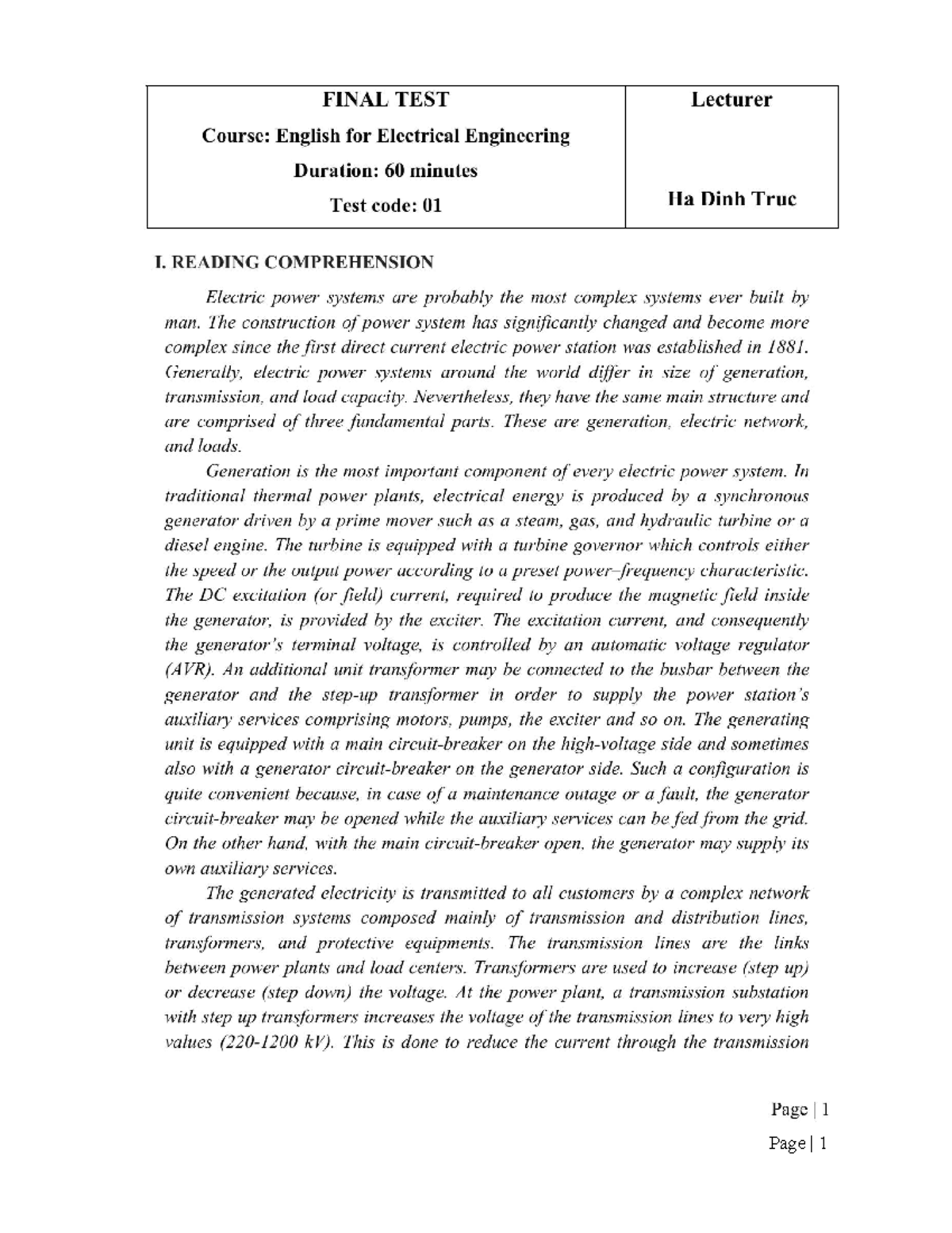 FINAL TEST: English for Electrical Engineering (Code: 01) - Studocu