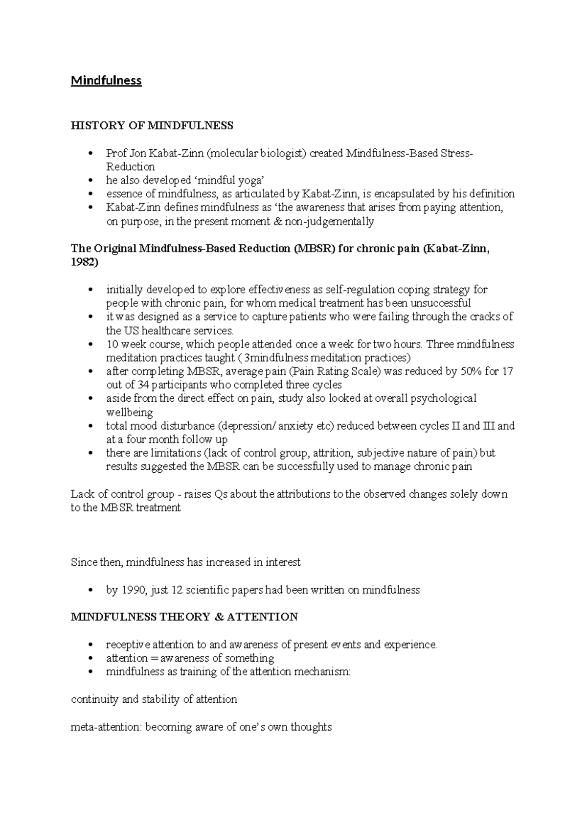 Lecture notes from the mindfulness lecture - Mindfulness HISTORY OF ...