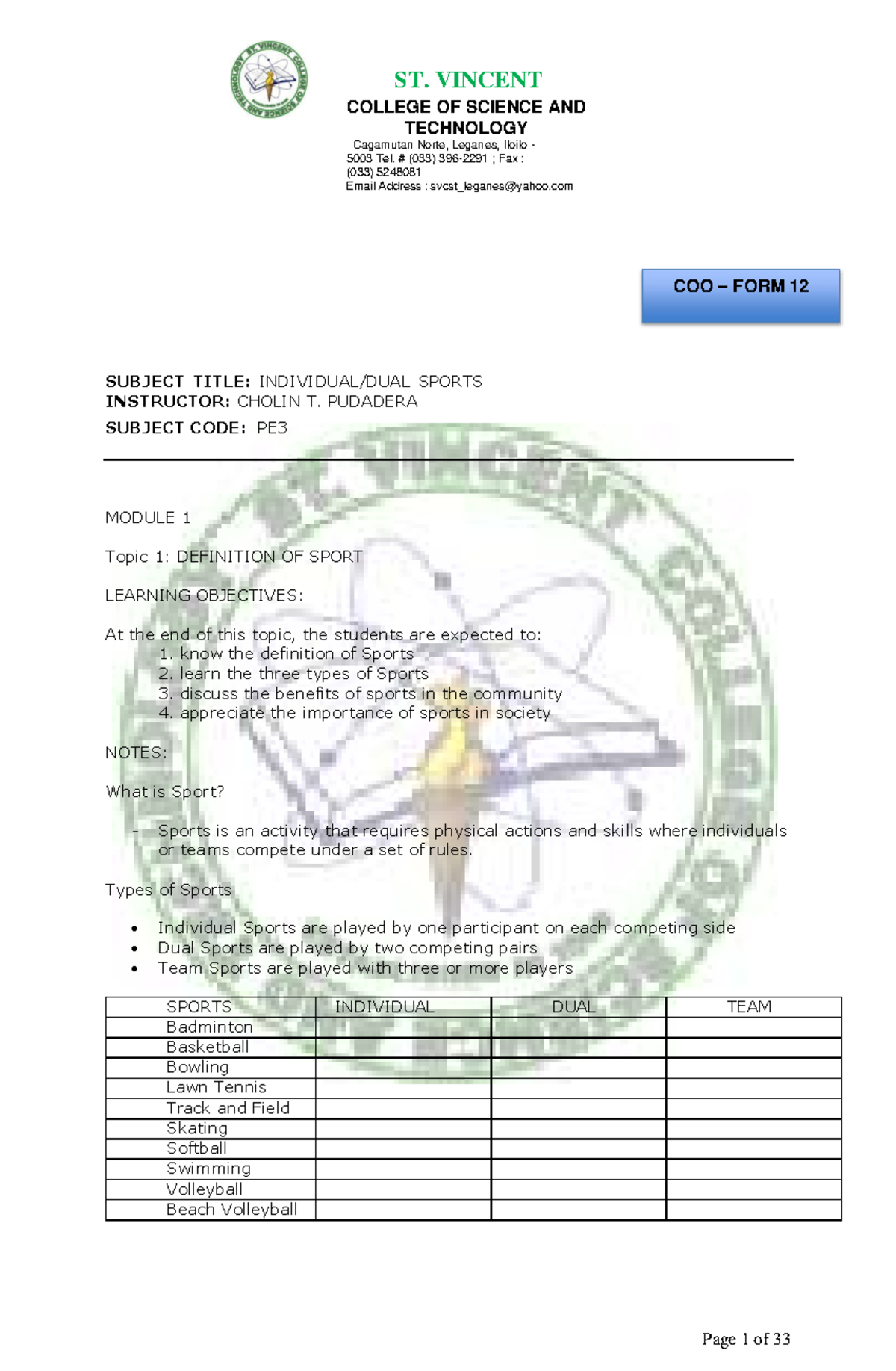PE3 Module 1: Understanding Sports and Their Community Impact - Studocu