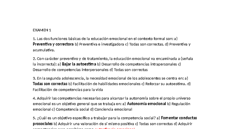 EXAMEN 1: Educación Emocional y Competencias Sociales - Studocu