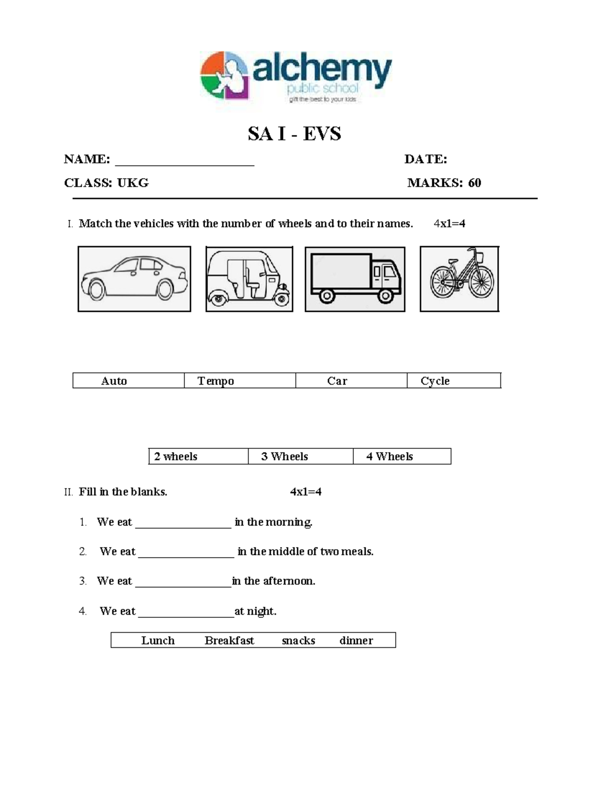UKG EVS SA I Question Paper: Vehicles, Meals, and Signs Activities ...