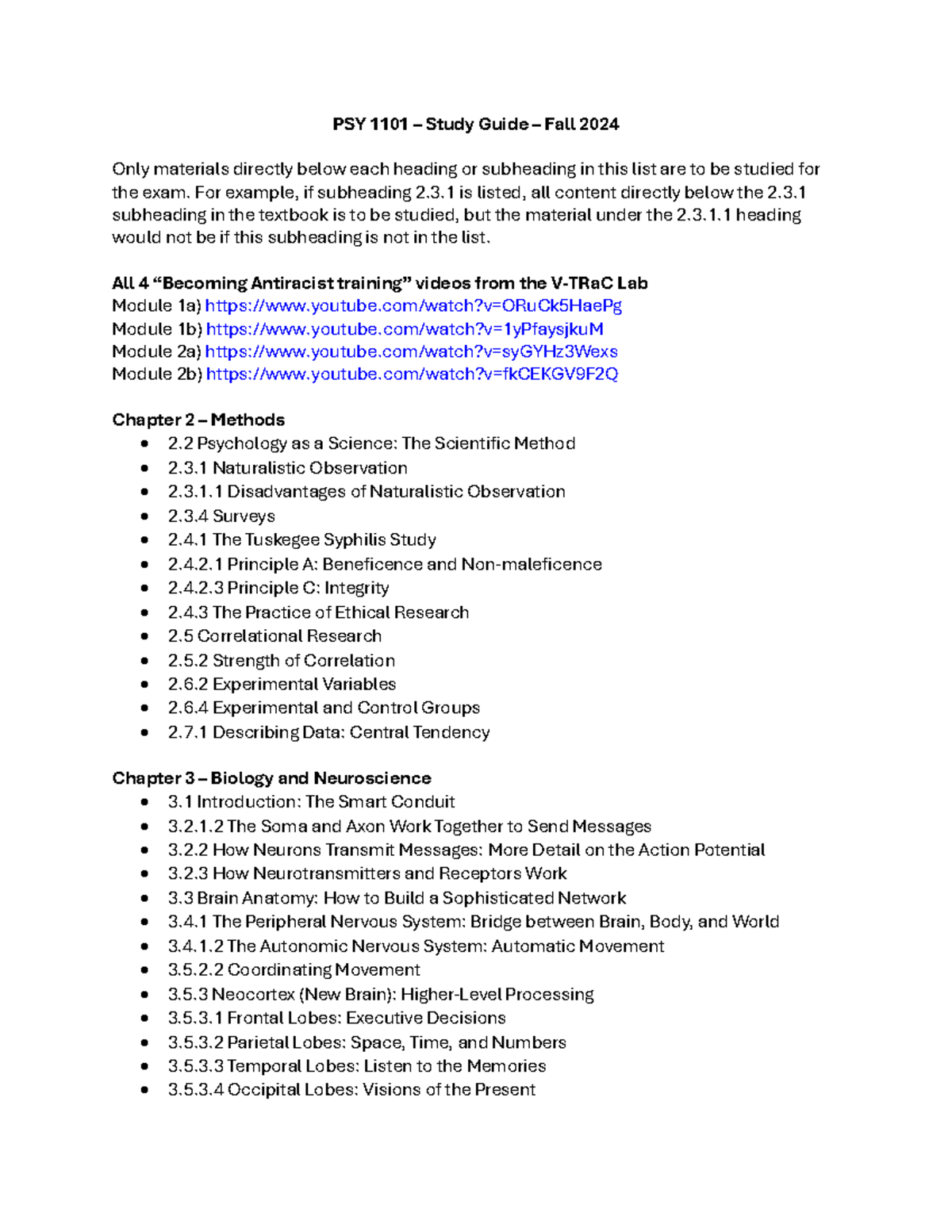 PSY1101 - Study Guide - Fall 2024 - PSY 1101 – Study Guide – Fall 2024 ...