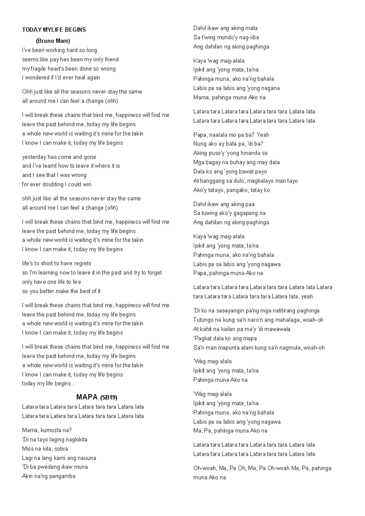 Today MY LIFE Begins - Lyrics Analysis and Reflection - Studocu
