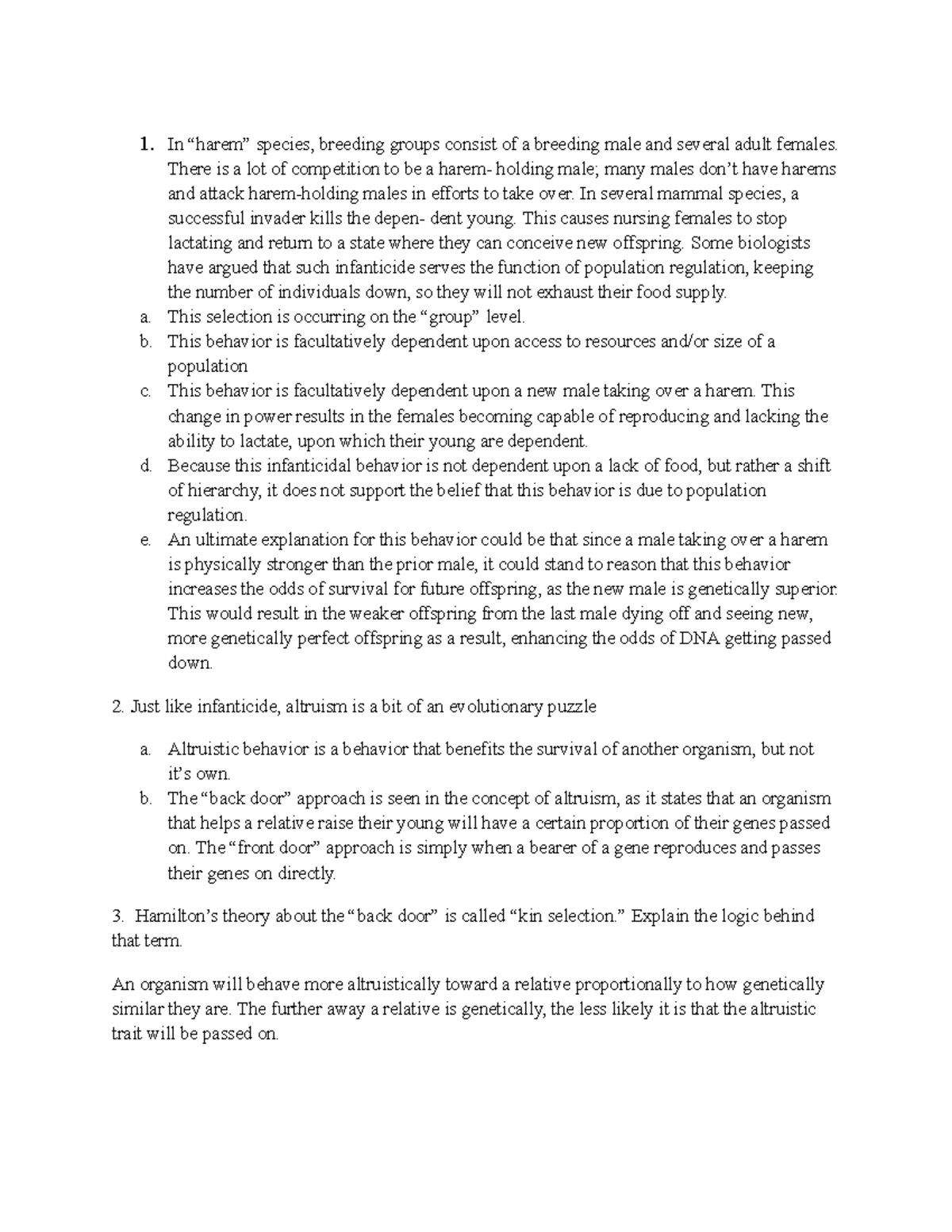 Problem Set #3: Infanticide and Altruism in Mammal Species - Studocu