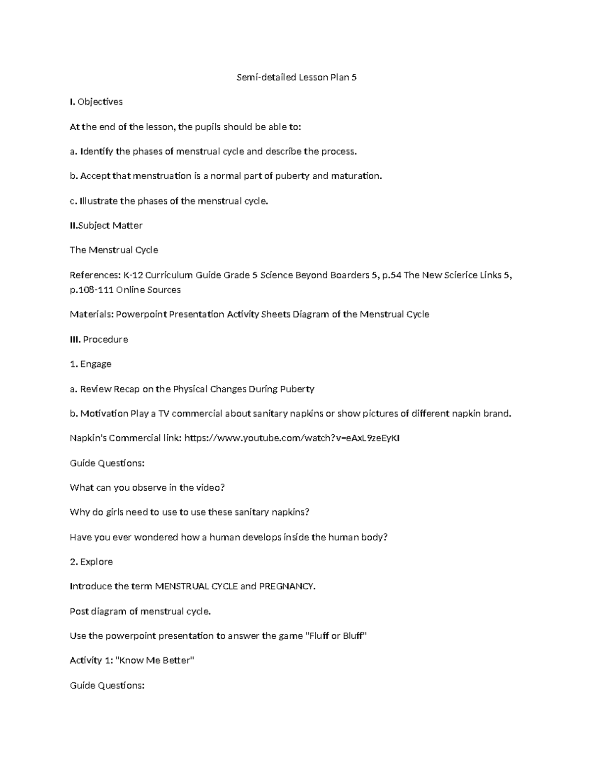 Grade 5 Science Lesson Plan 5: Understanding the Menstrual Cycle - Studocu