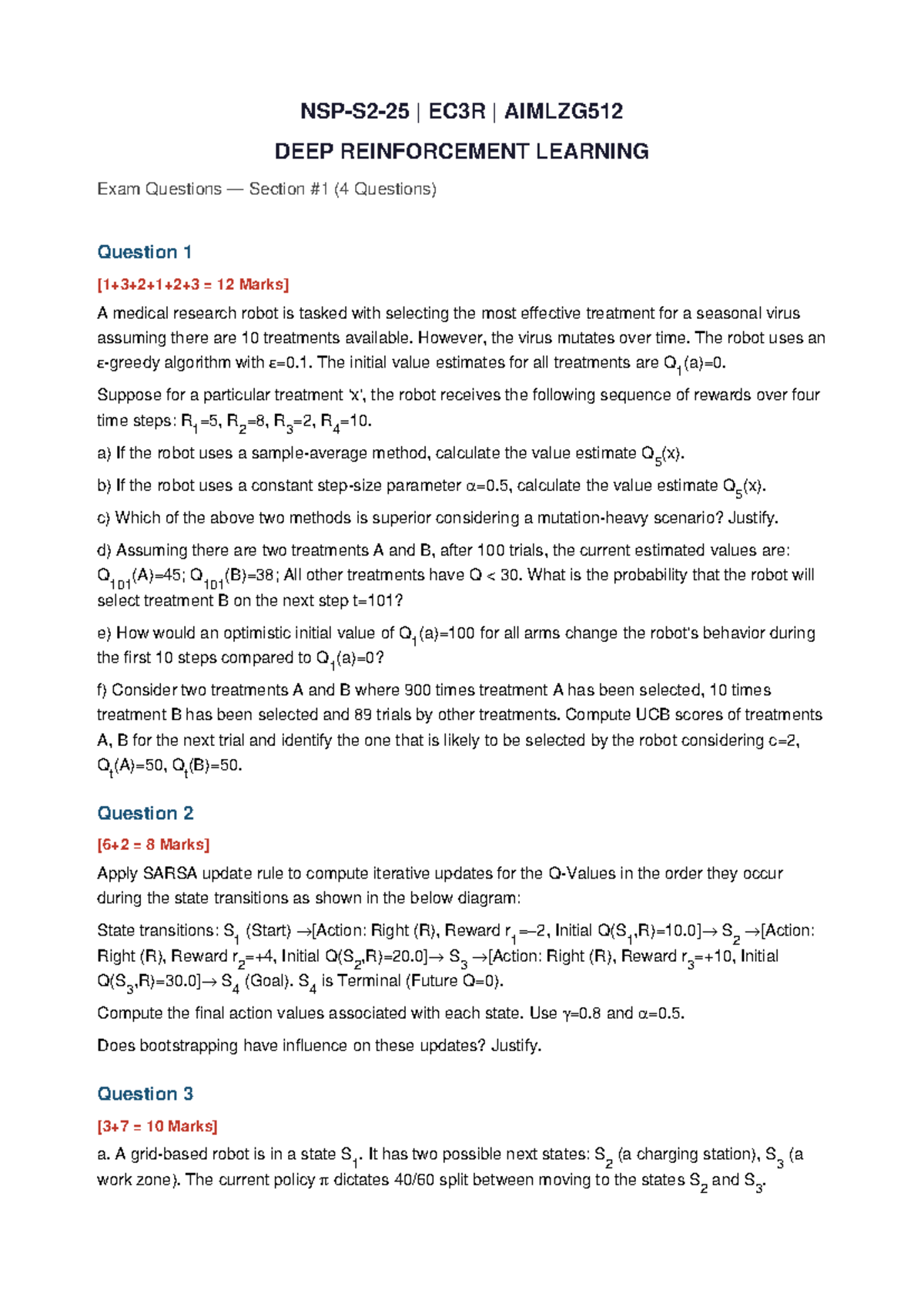 EC3R AIMLZG512 Deep Reinforcement Learning Exam Questions - Studocu