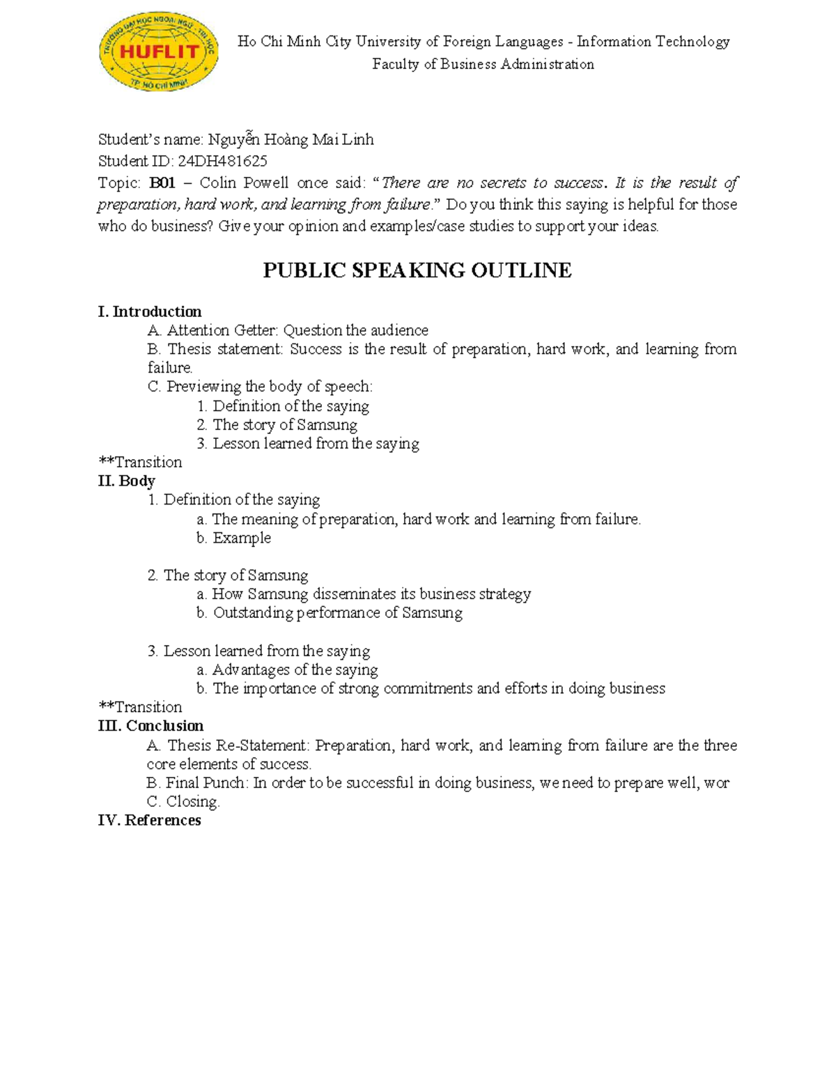 Outline for Final Exam - Public Speaking (Course Code: B01) - Studocu