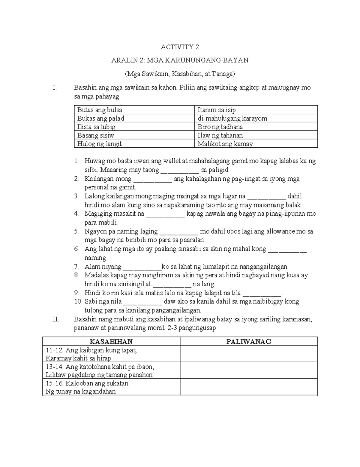 ACTIVITY 2: MGA SAWIKAIN AT KASABIHAN SA ARALIN 2 - Studocu