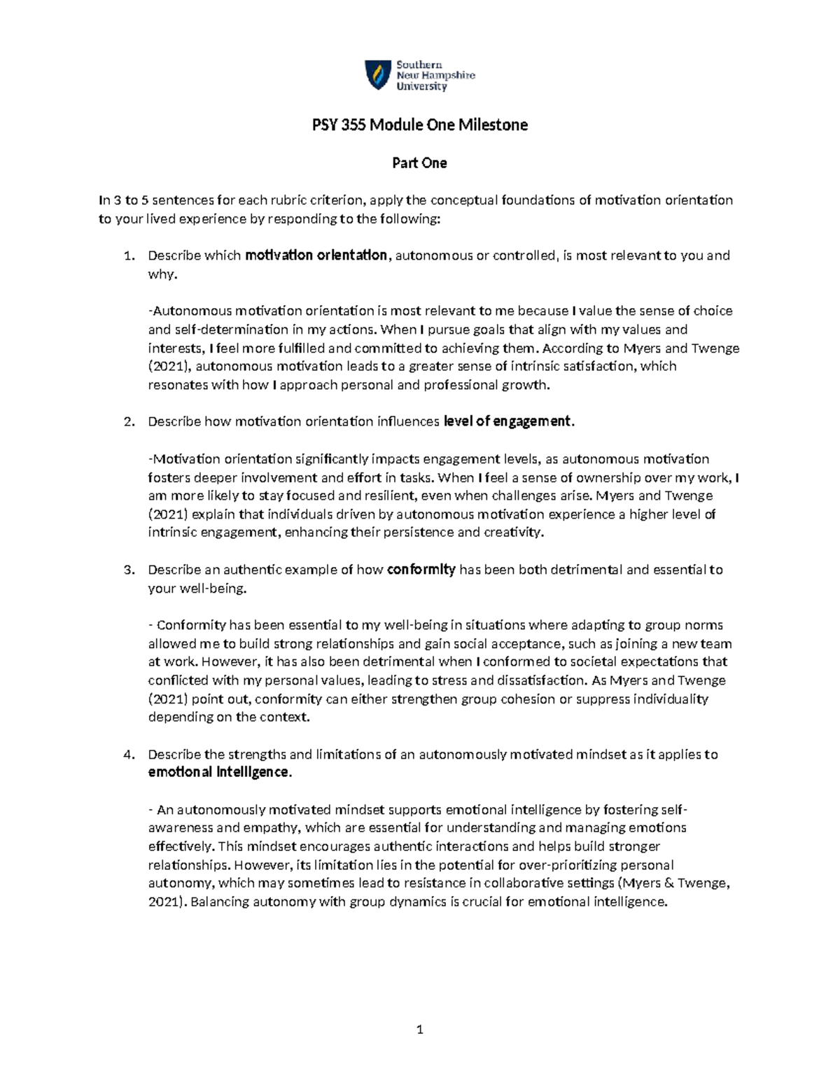 PSY 355 Module One Milestone: Exploring Motivation Orientation in Life ...