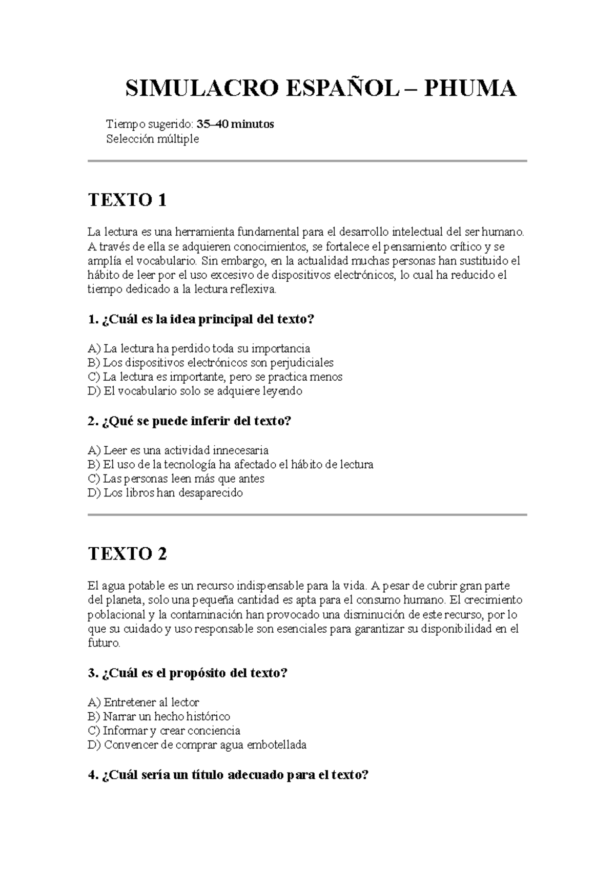 Examen de Español PHUMA: Simulacro de Selección Múltiple - Studocu