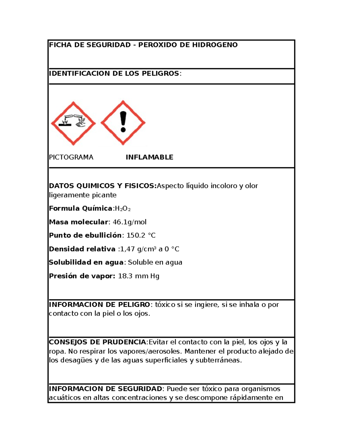 Ficha DE Seguridad - Peroxido DE Hidrogeno - FICHA DE SEGURIDAD - PEROXIDO DE HIDROGENO - Studocu