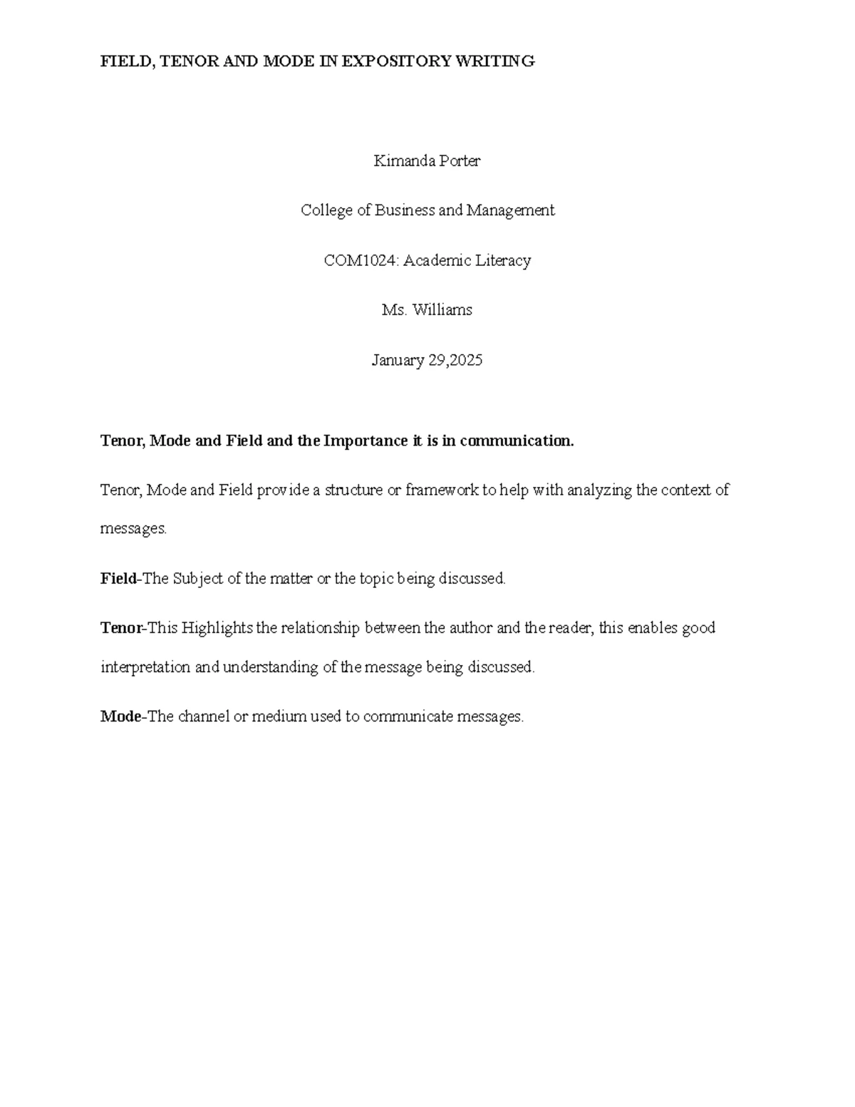 Field, Tenor, and Mode in Expository Writing - COM1024 Notes - Studocu