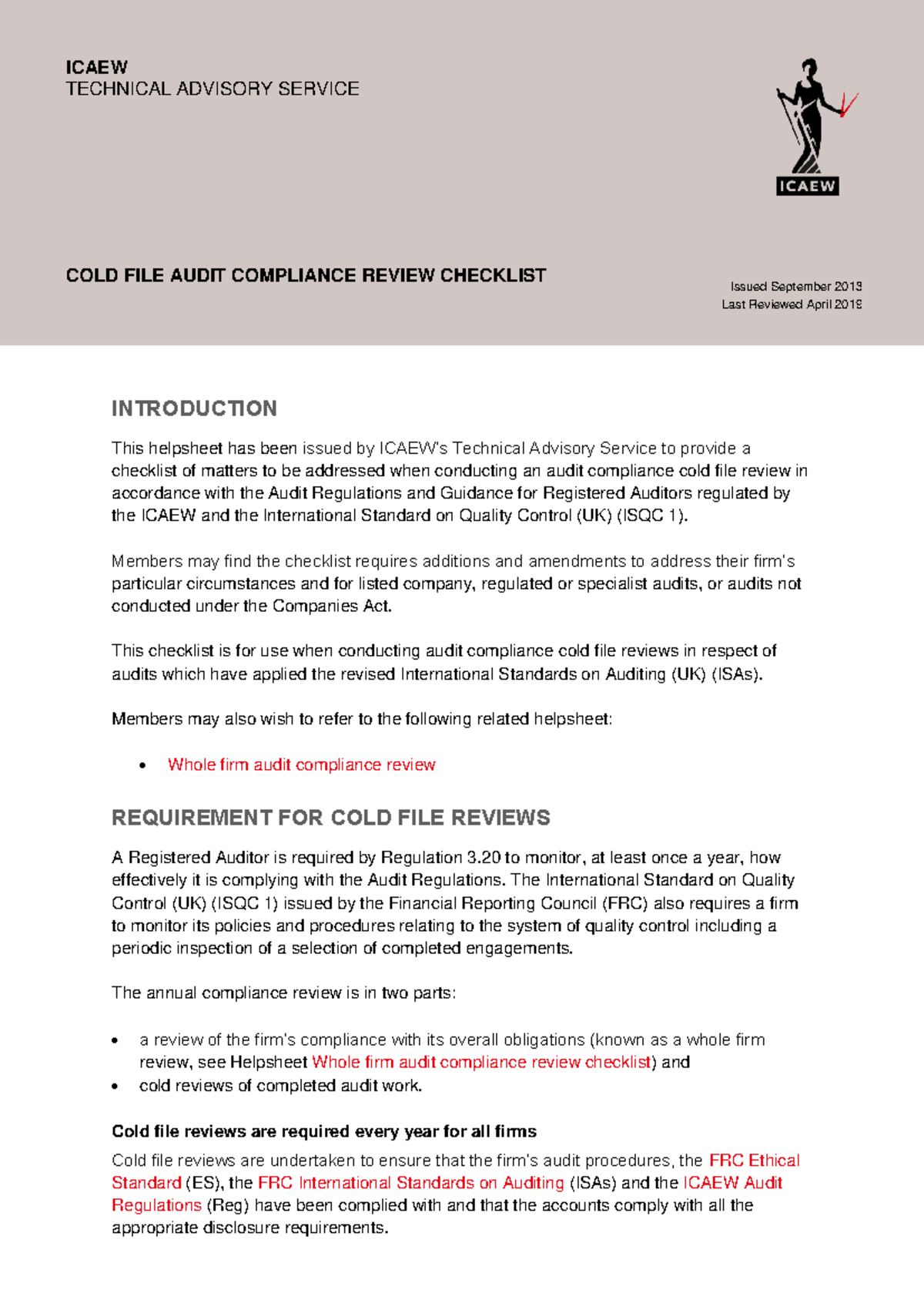 ICAEW Cold File Audit Compliance Review Checklist (2019 Update) - Studocu