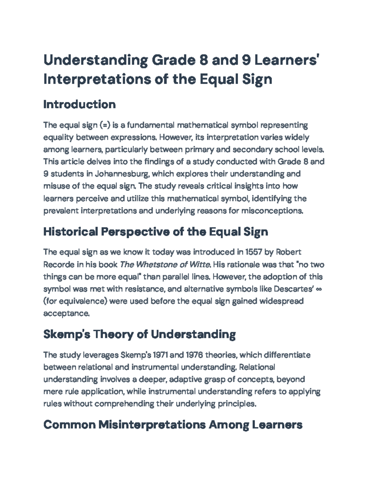Understanding Misinterpretations of the Equal Sign in Grade 8-9 ...