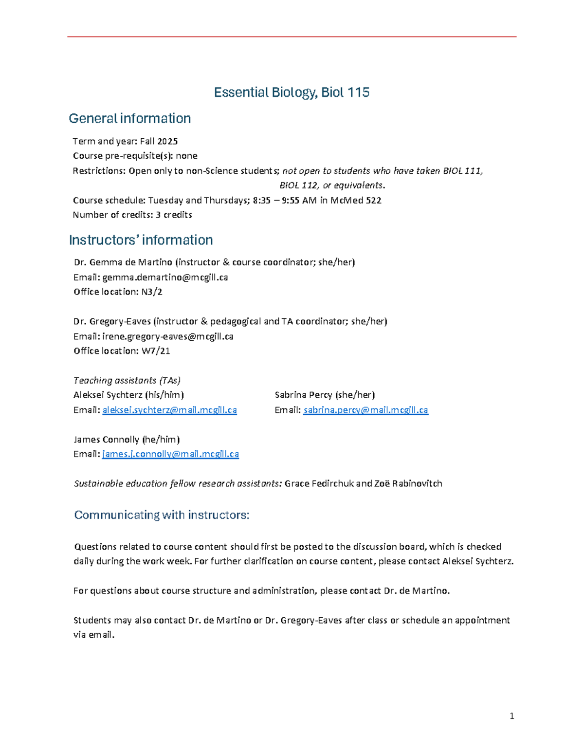 Biol 115: Essential Biology Syllabus - Fall 2025 Overview - Studocu
