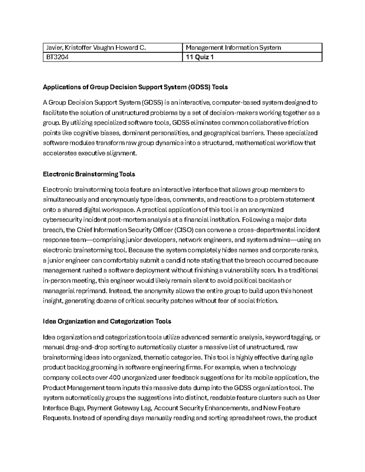 BT3204 Management Information System 11 Quiz 1: GDSS Tools Overview ...
