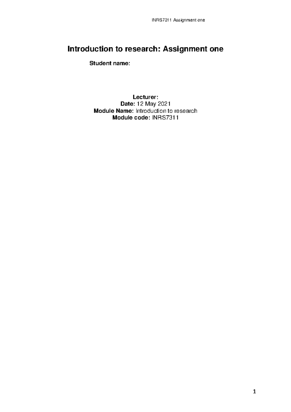 INRS7311 Assignment 1 Example - Introduction to research: Assignment one Student name: Lecturer ...