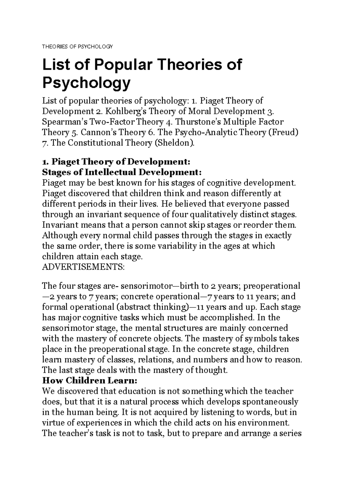 PSY 101: Overview of Popular Theories in Psychology - Studocu