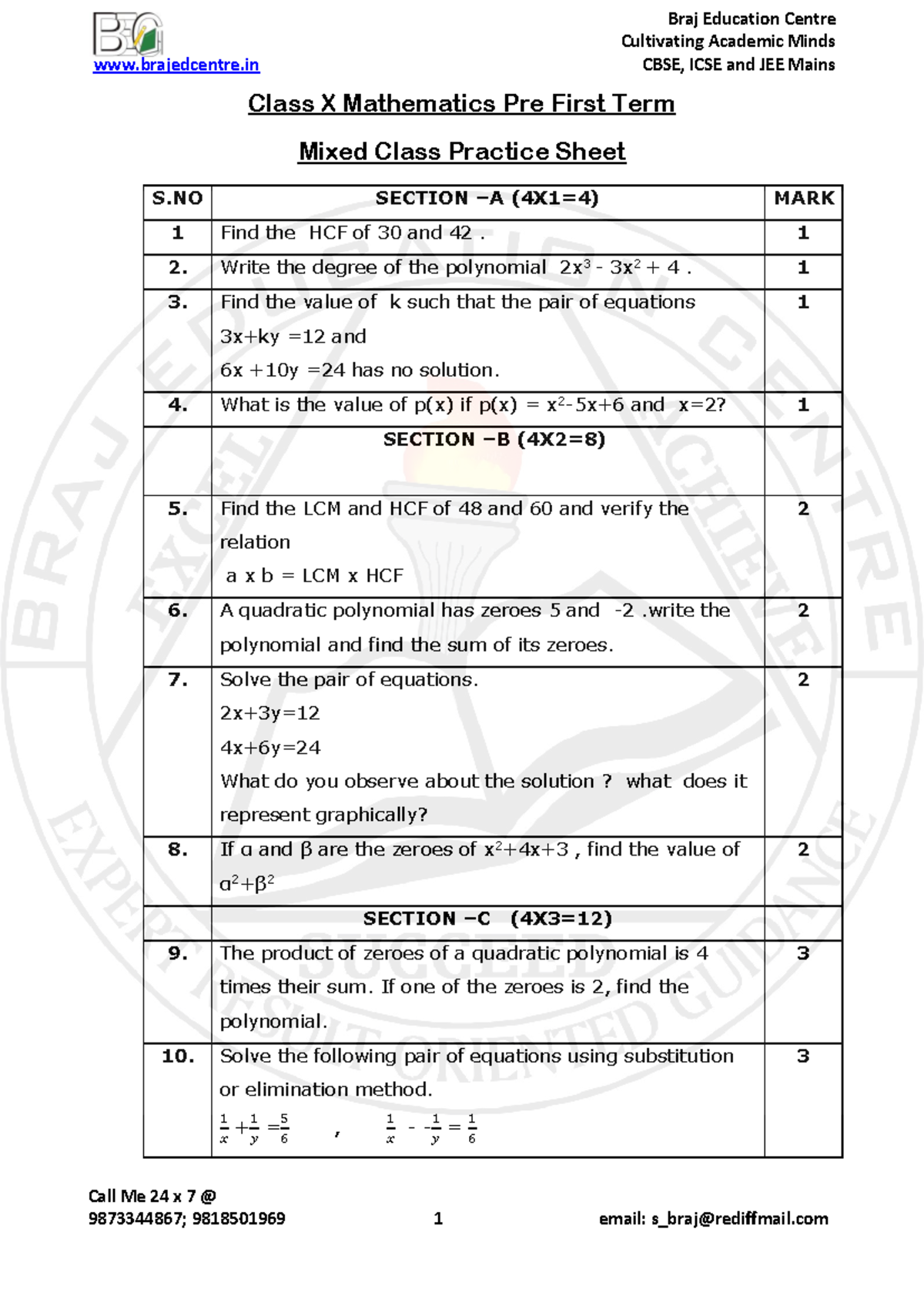 KV X Maths PT-1 - Class X Mathematics Pre Term Practice Sheet - Studocu