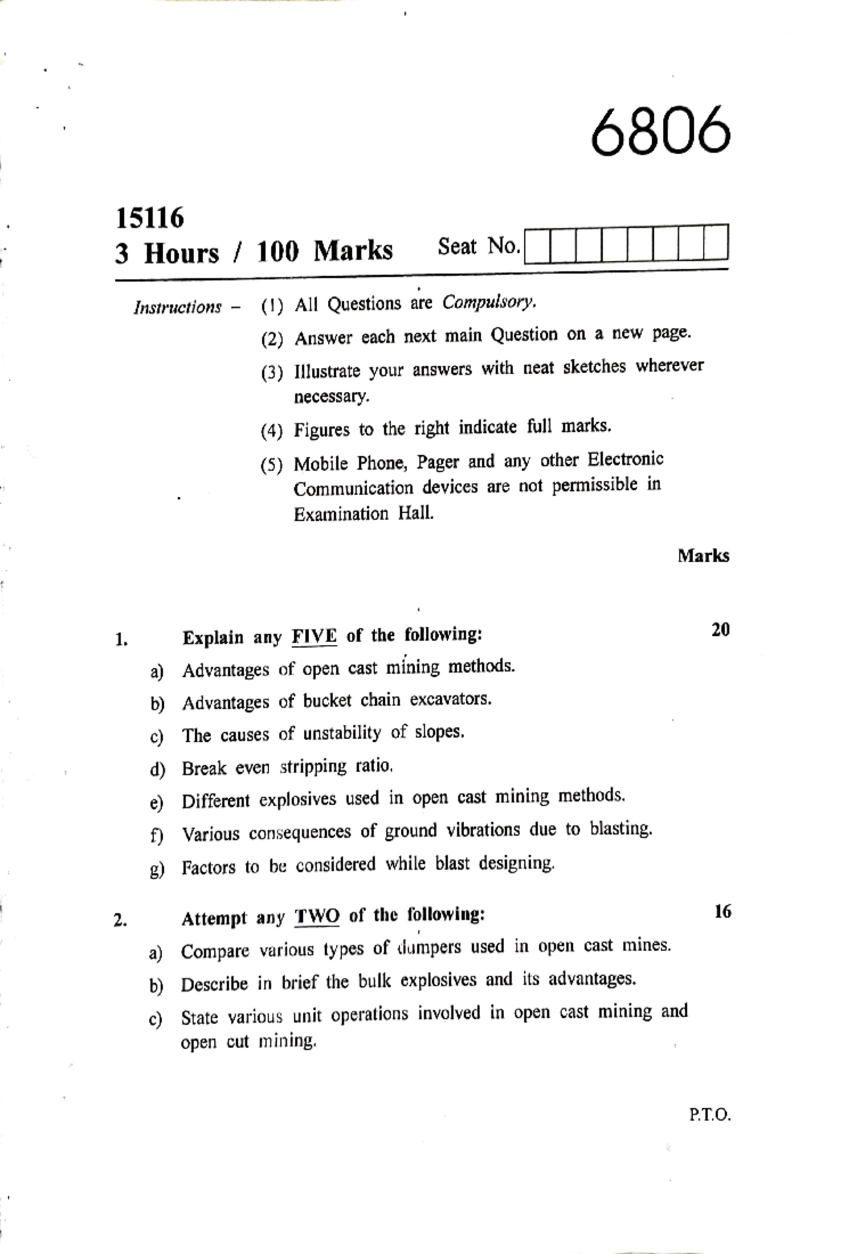 Surface Mining Model Question Paper (Course Code: 6806) – 100 Marks ...
