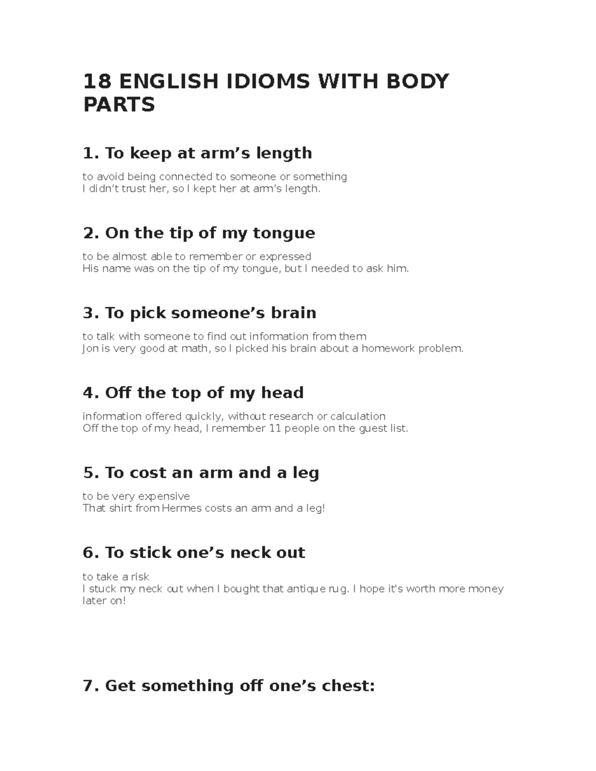 18 English Idioms WITH BODY Parts - 18 ENGLISH IDIOMS WITH BODY PARTS 1 ...