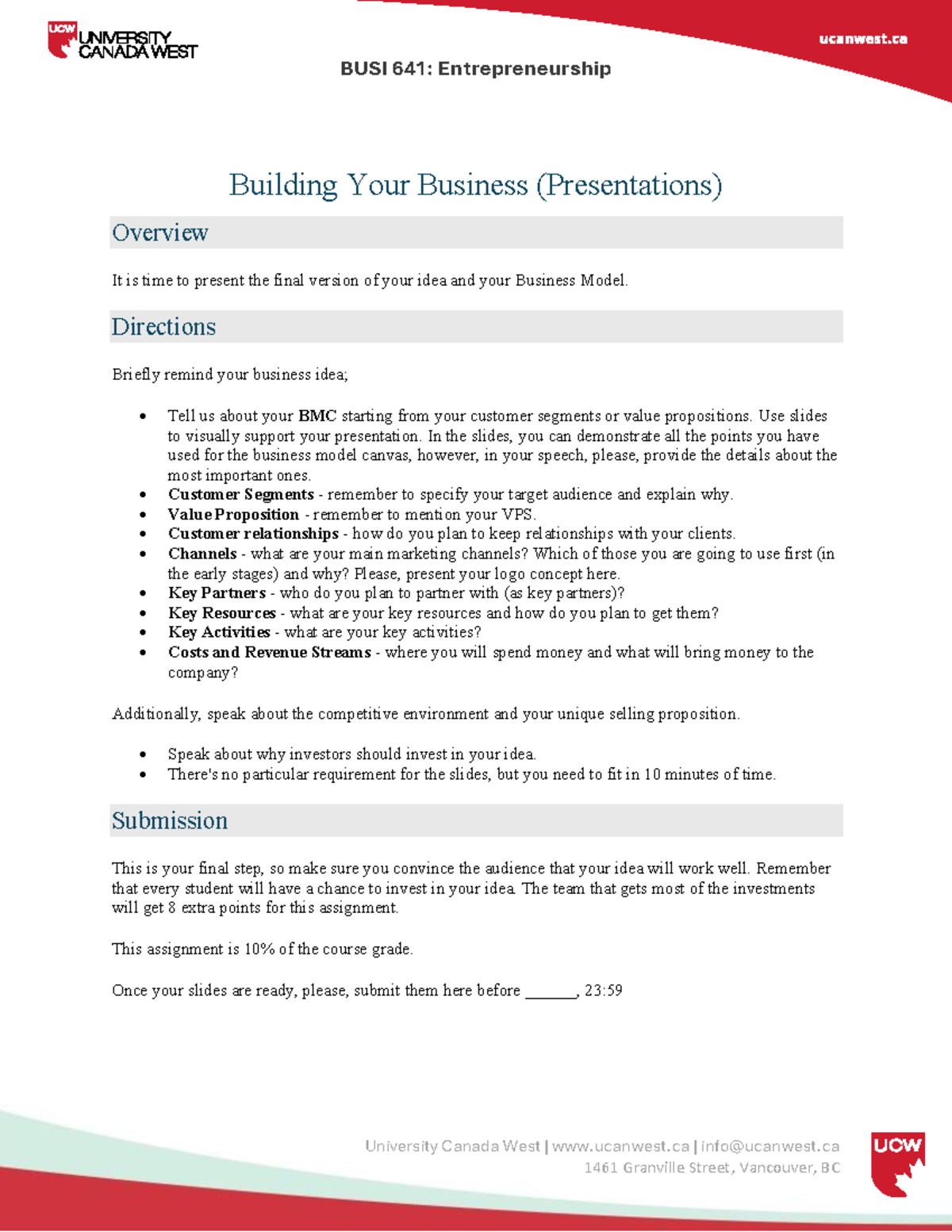 BUSI 641: Final Presentation on Your Business Model Canvas - Studocu