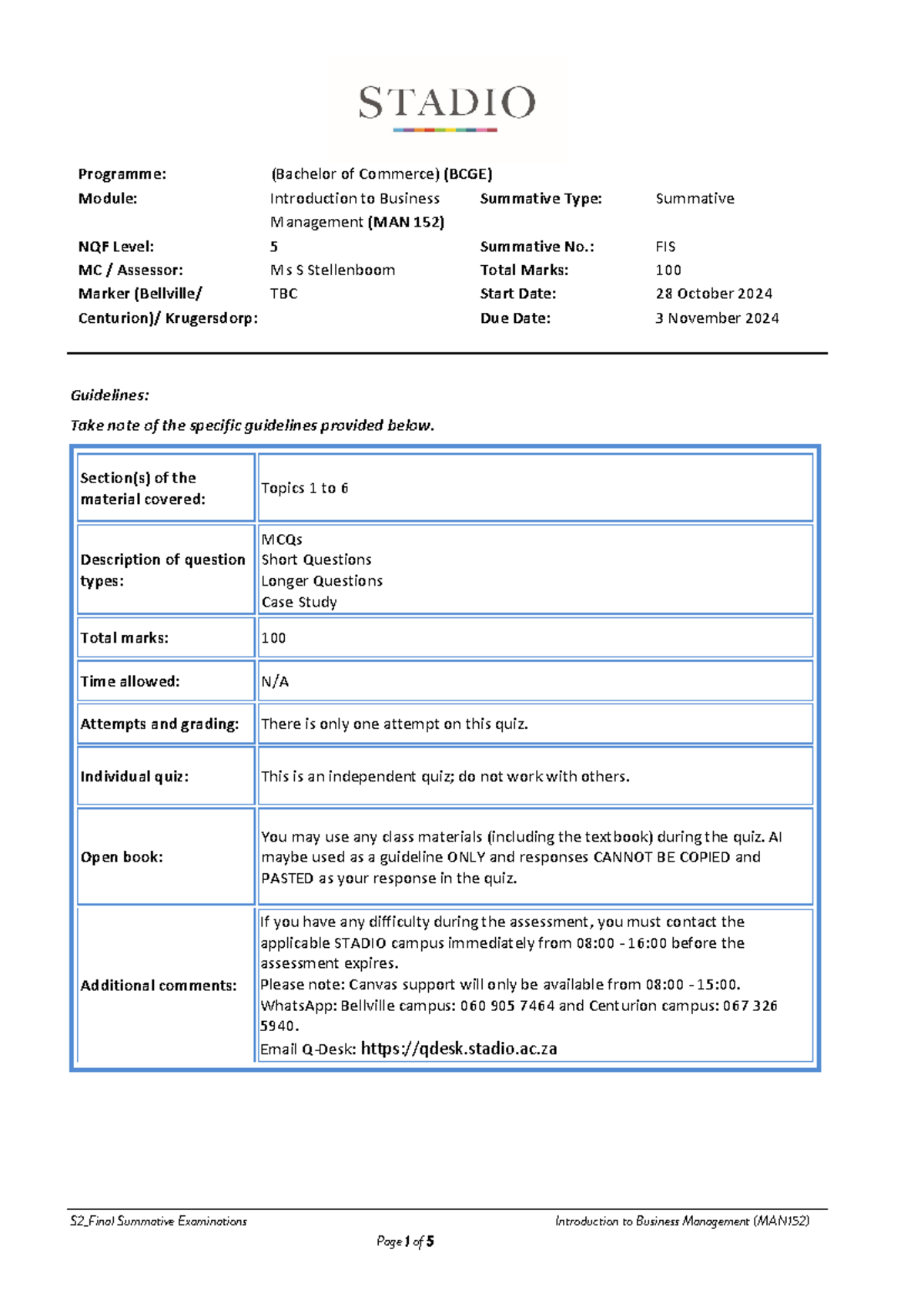 MAN152 2024 S2 Take-Home Exam: Introduction to Business Management ...
