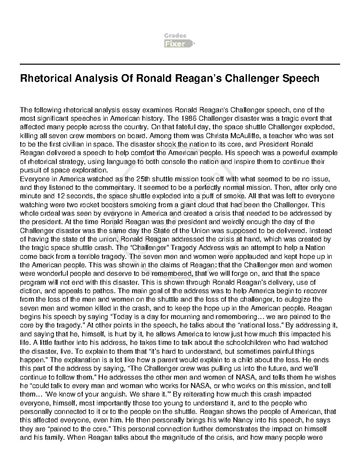 Rhetorical Analysis: Reagan’s Address Post Challenger Disaster - Studocu