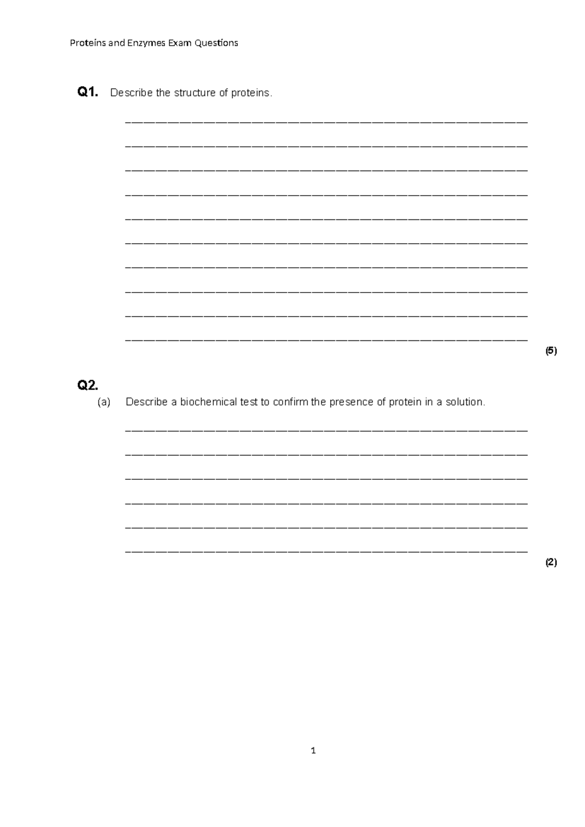 Proteins and Enzymes Exam Questions: Structure, Function, and Reactions ...