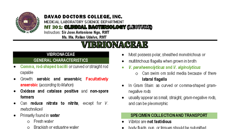 MT 301: Bacteriology Prefinals - Lesson 3: Vibrionaceae Characteristics ...