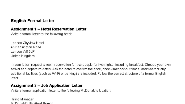 ENG 101: Formal Letter Assignments - Hotel, Job & Complaint Letters ...