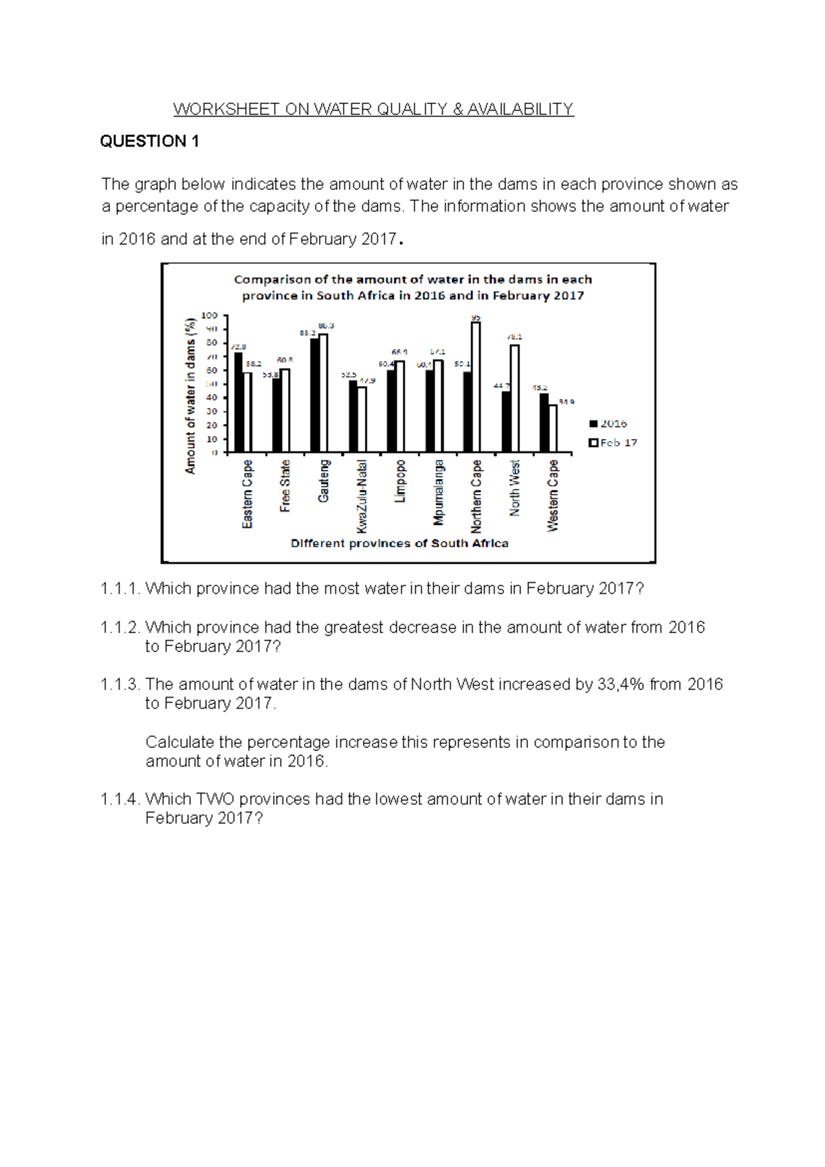 Worksheet on Water Quality & Availability: Key Questions and Analysis ...
