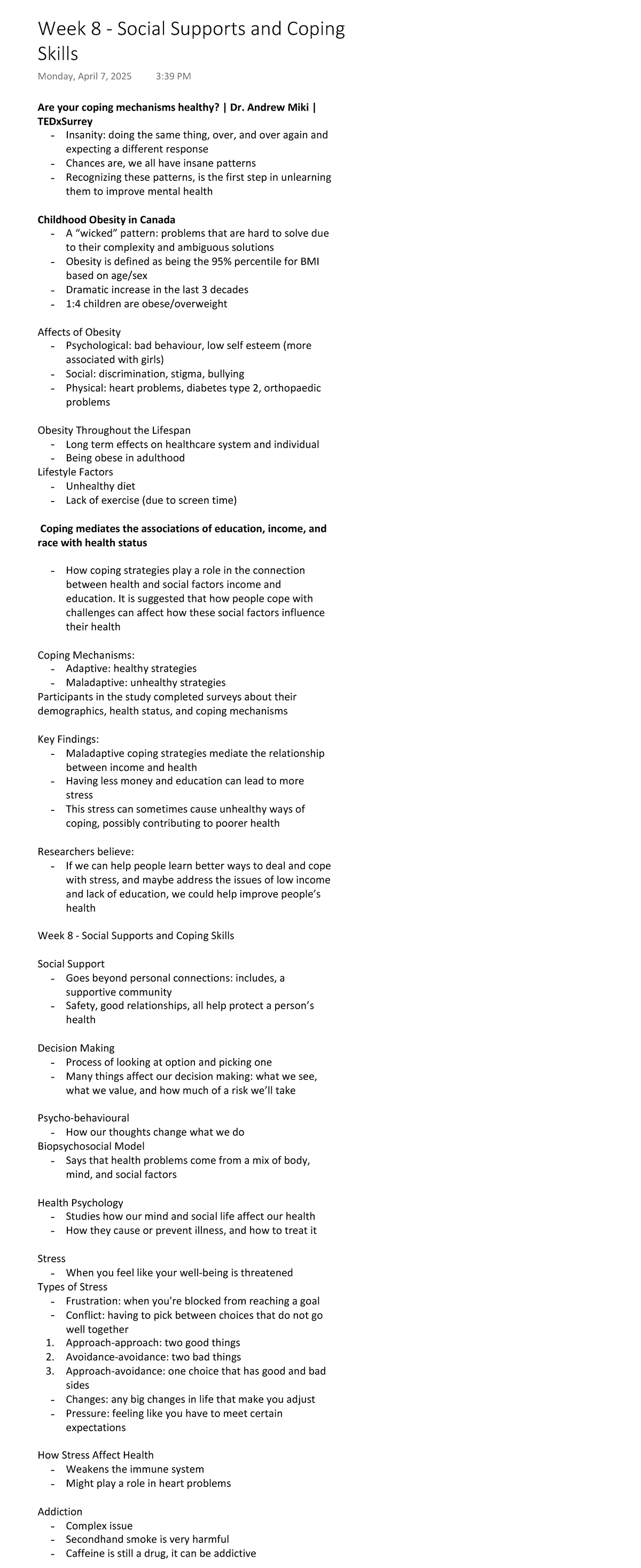 Week 8 - Social Supports & Coping Strategies in Health Psychology - Studocu