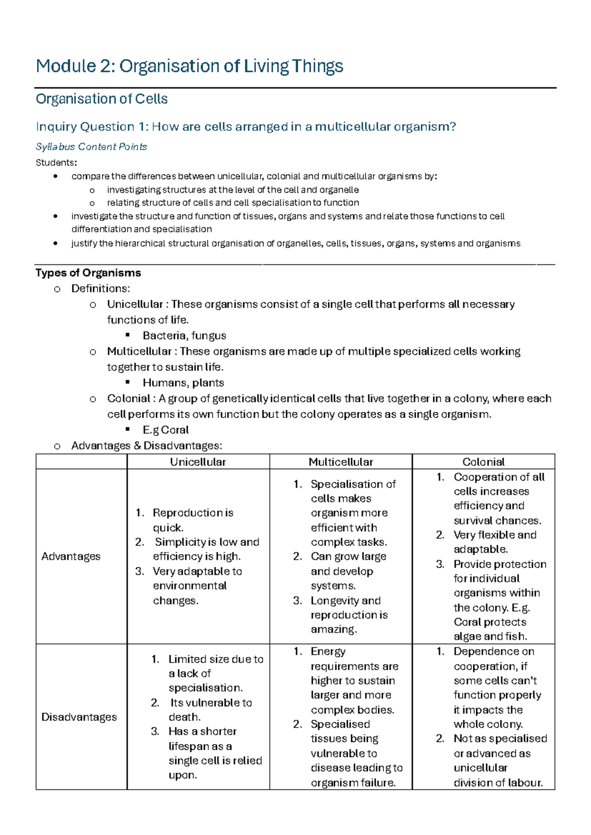 Module 2: Organisation of Living Things - Summary Notes for Bio Holiday ...