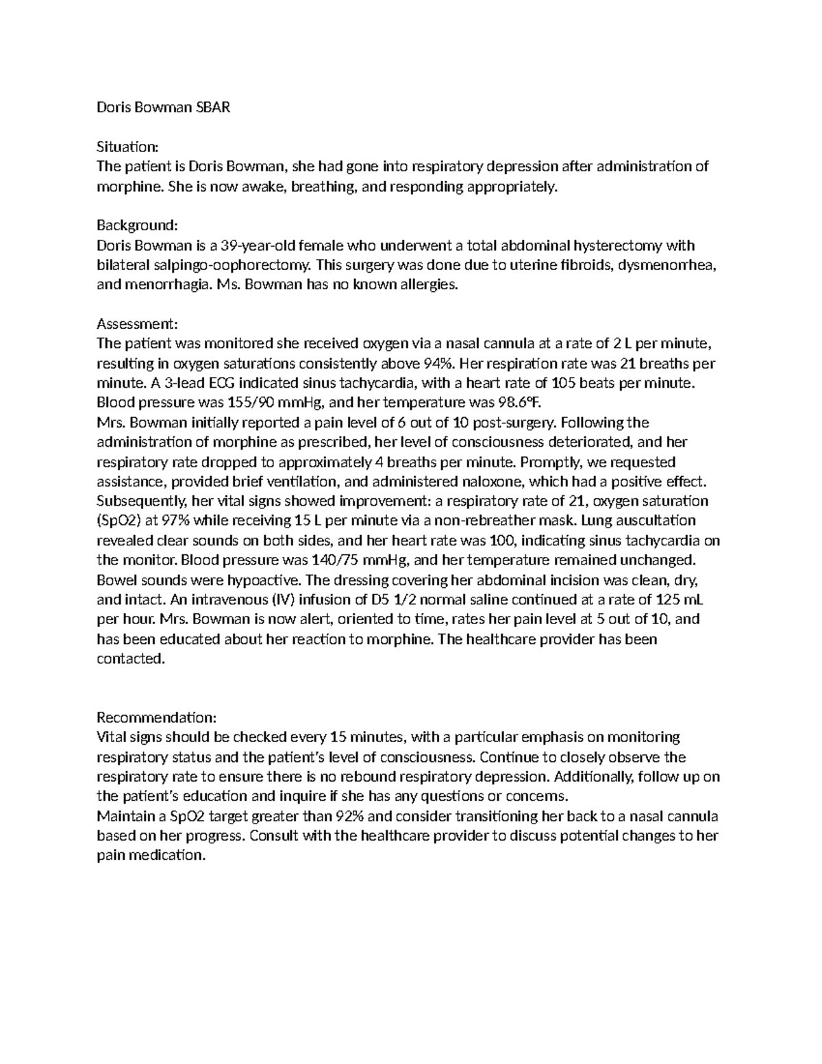 Doris Bowman SBAR: Post-Op Evaluation & Monitoring Plan - Studocu
