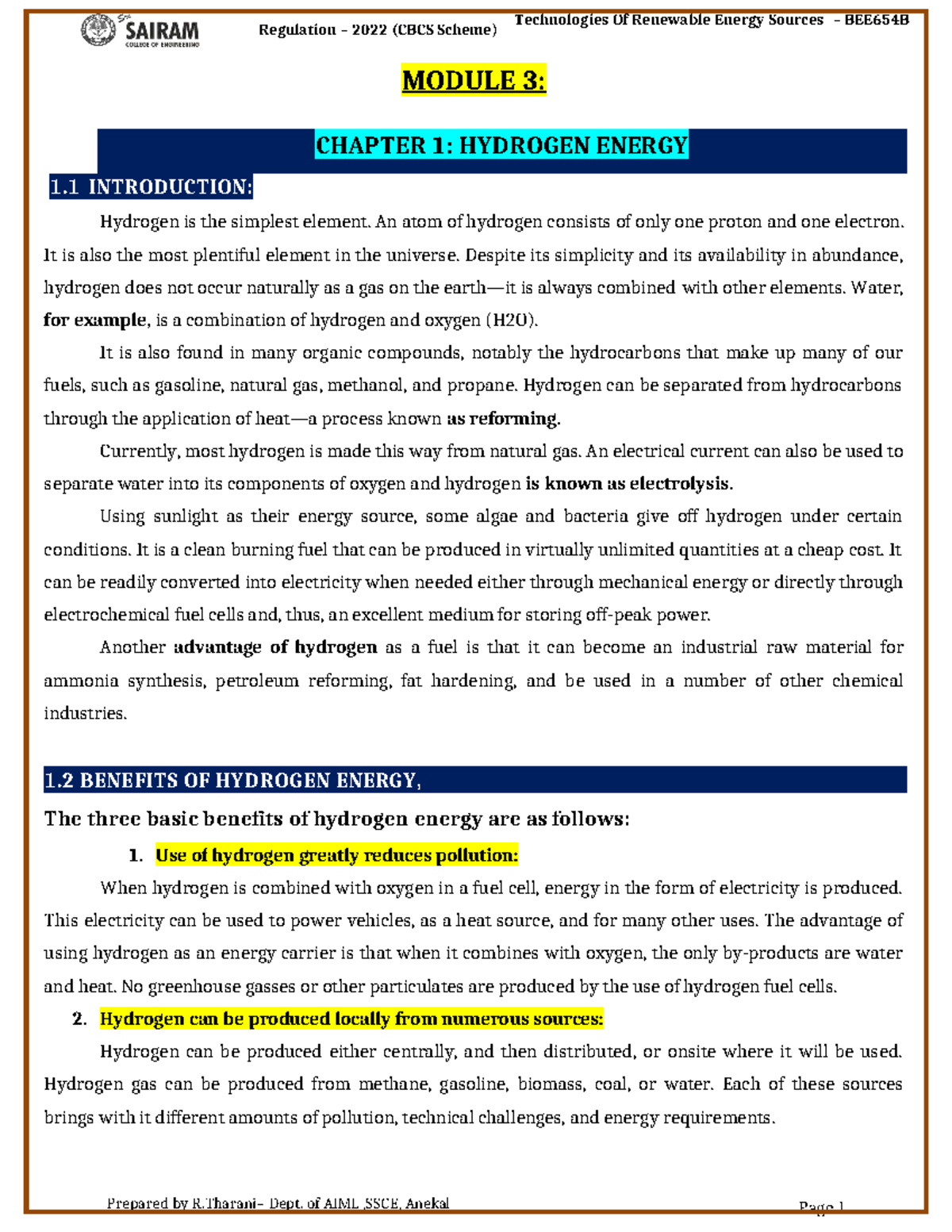 Lecture Notes Module-3: Technologies of Renewable Energy Sources ...