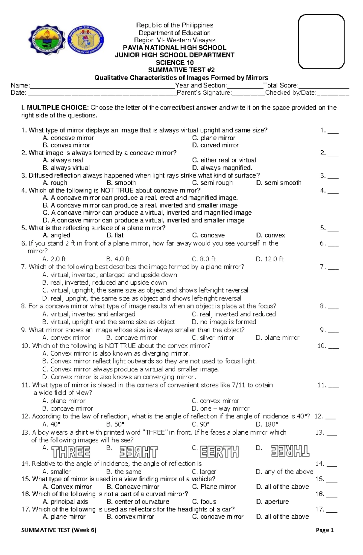COT 10 Physics Lesson Plan on Reflection of Light and Mirrors - Studocu