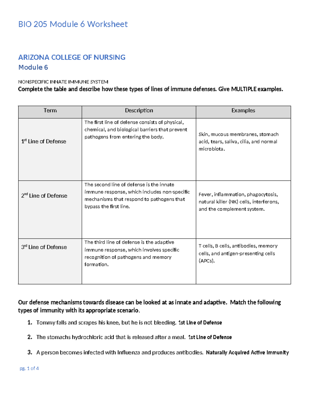 BIO 205 Module 6 Worksheet: Understanding Immune Defenses and Immunity ...