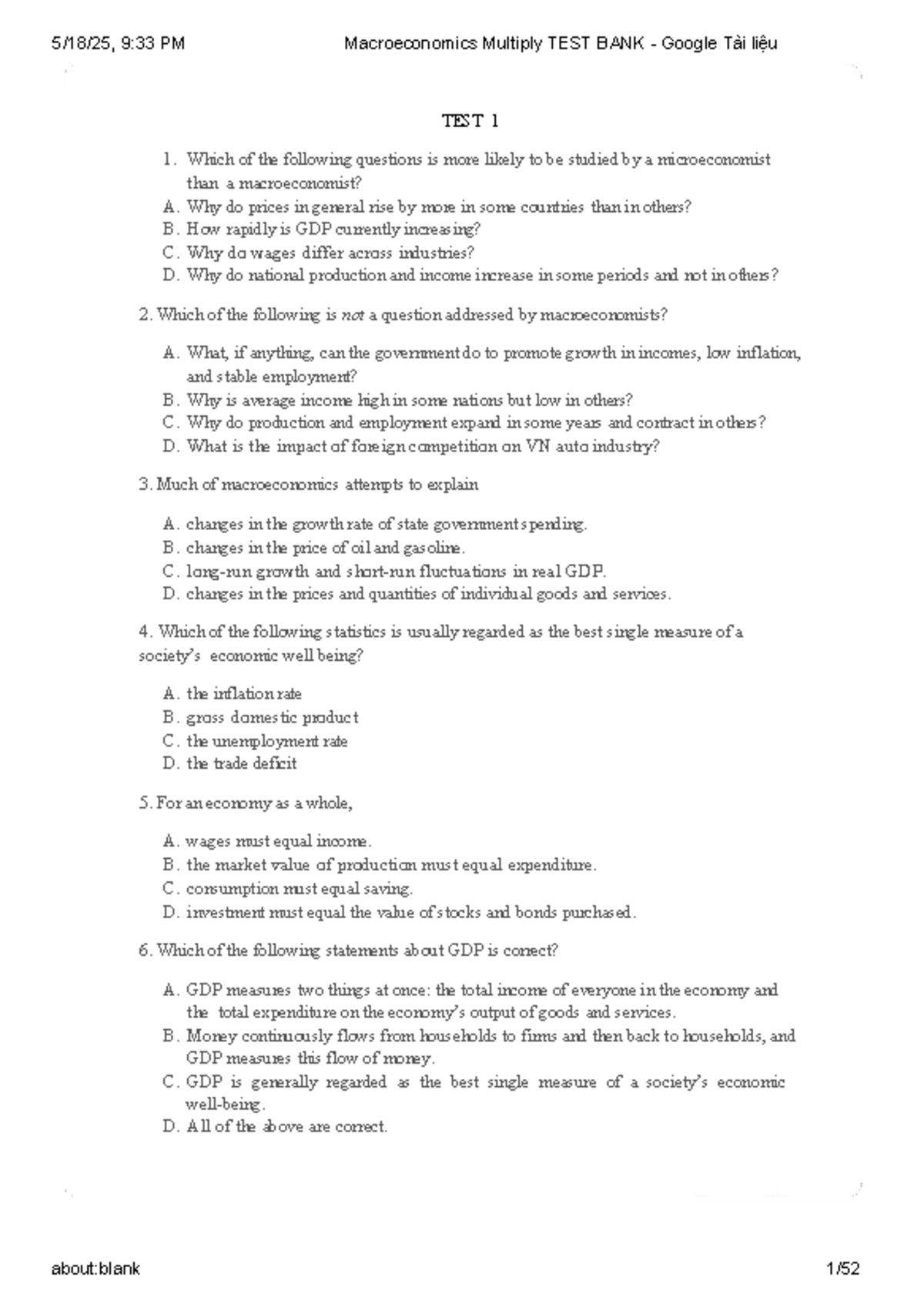 Macroeconomics TEST BANK: Key Concepts and Practice Questions - Studocu