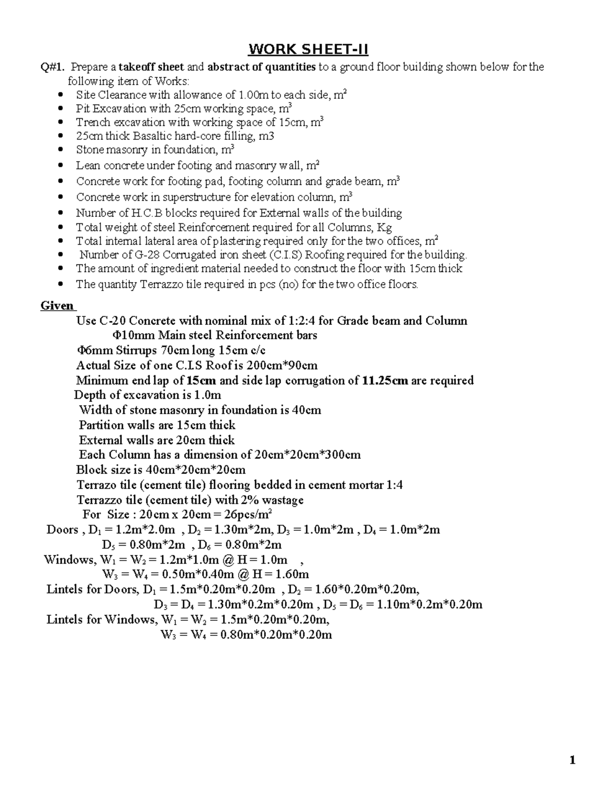 WORK: Takeoff Sheet & Quantity Abstract for Ground Floor Building - Studocu