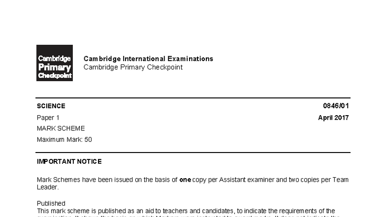 Cambridge Primary Checkpoint Science Mark Scheme 2017 (Papers 1 & 2 ...