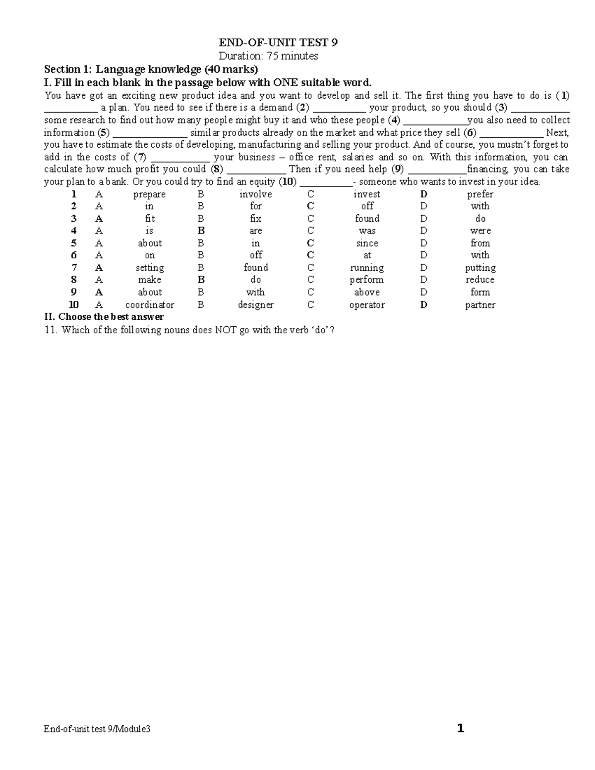 END OF UNIT TEST UNIT 9 - kiểm tra unit - END-OF-UNIT TEST 9 Duration ...