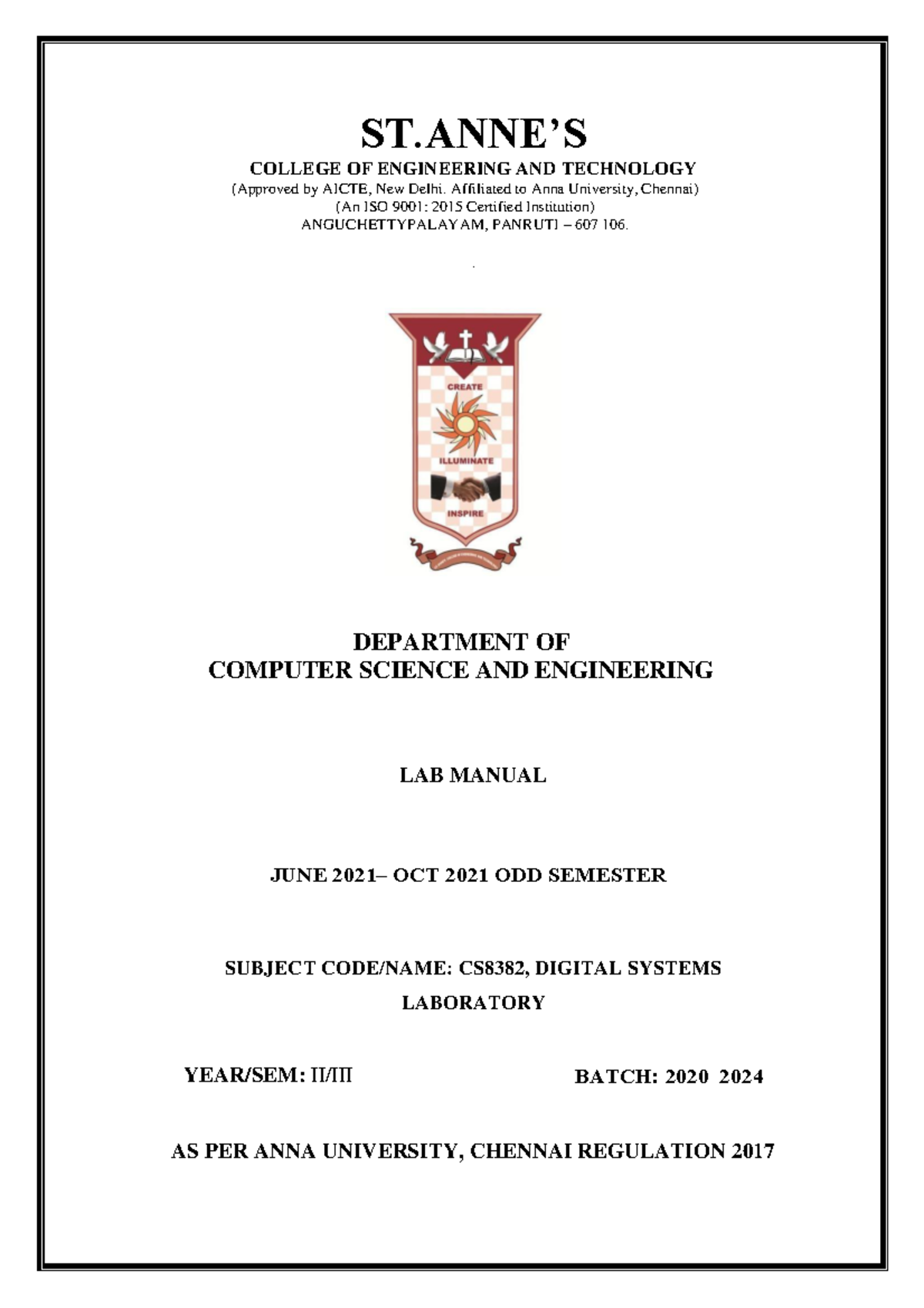 CS8382 - Digital Systems Laboratory Manual - Experiments and Theory - 2024 - Studocu
