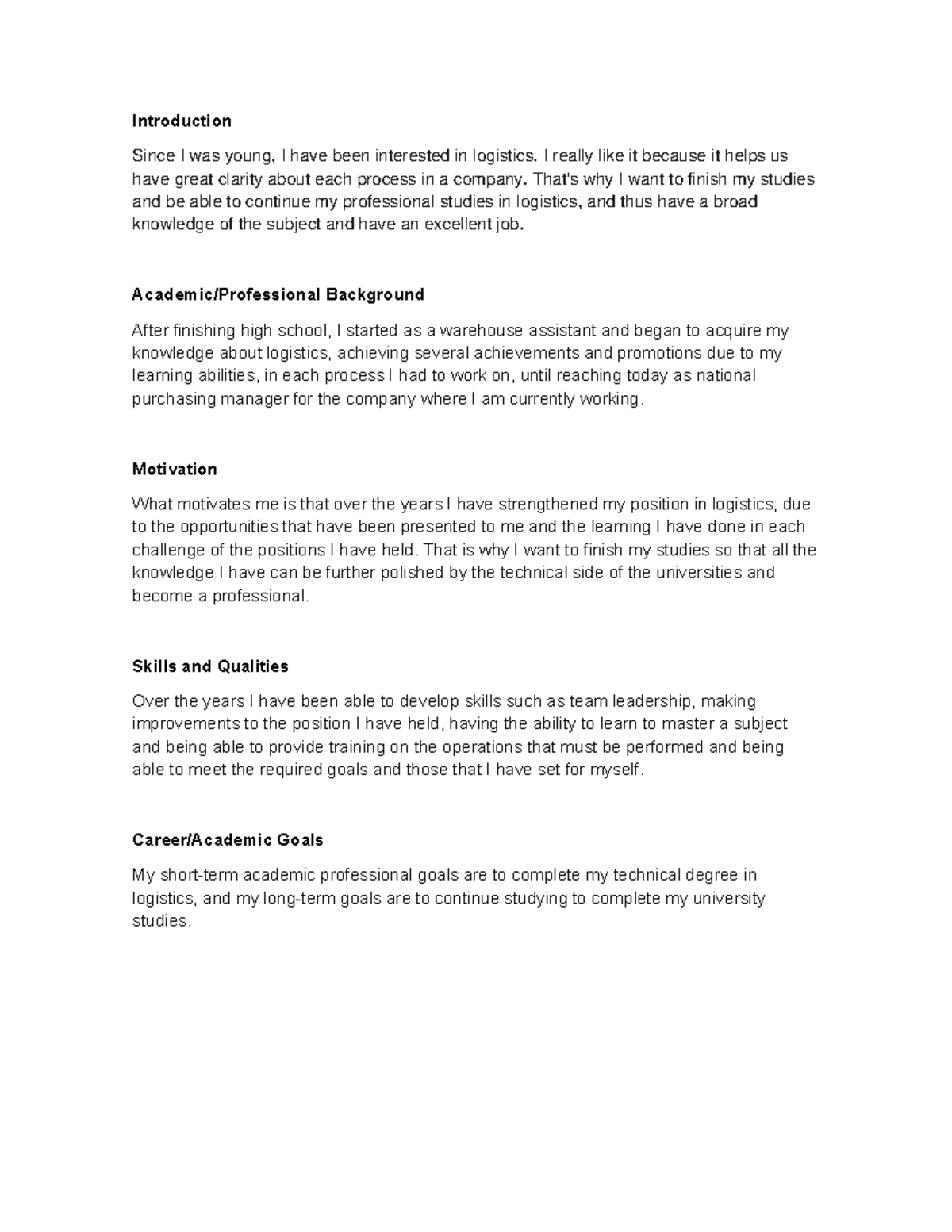 GA8-240202501-AA1-EV01: Personal Statement on Logistics Career ...