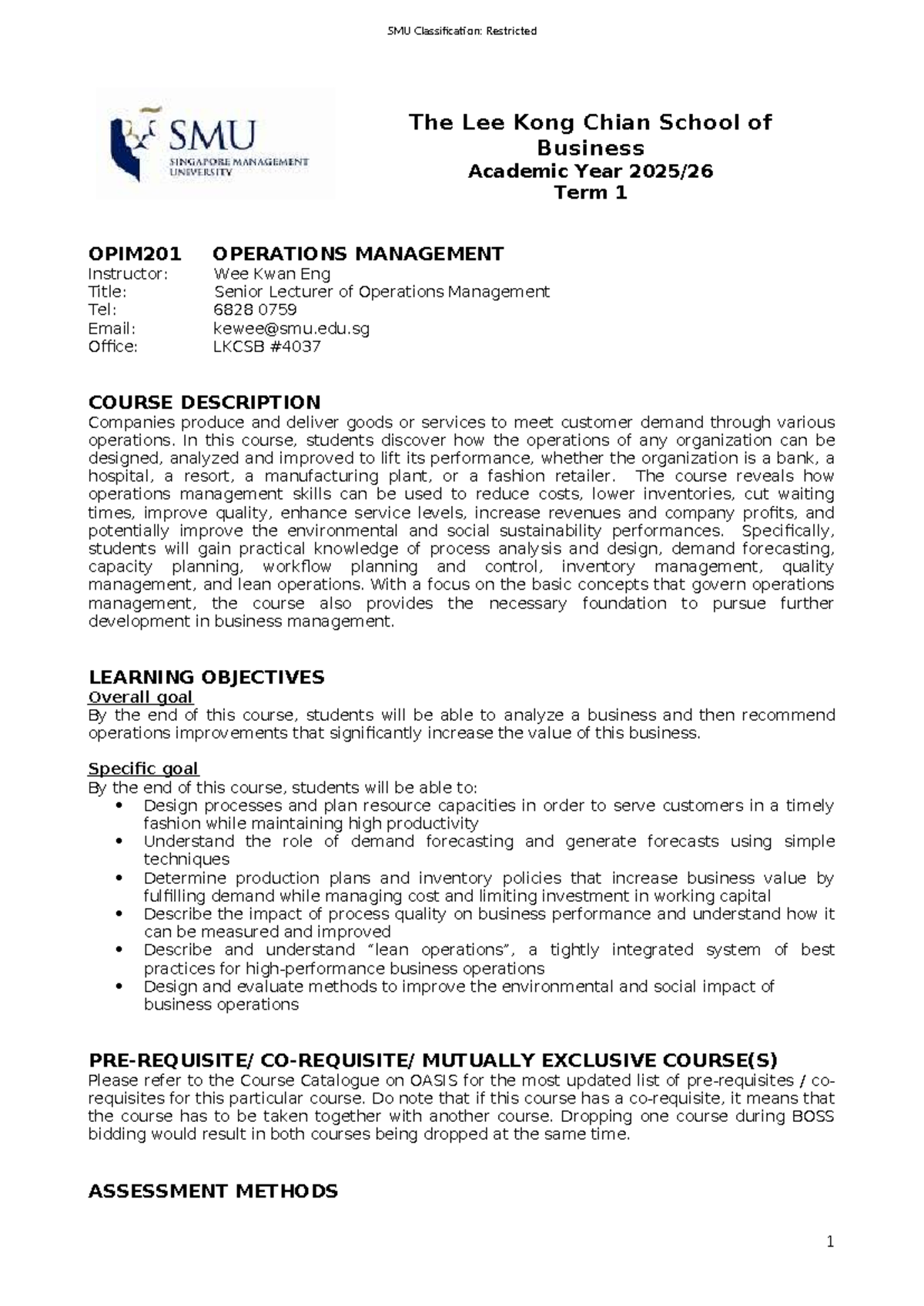 OPIM201 AY25-26 T1 - Operations Management Course Outline - Studocu
