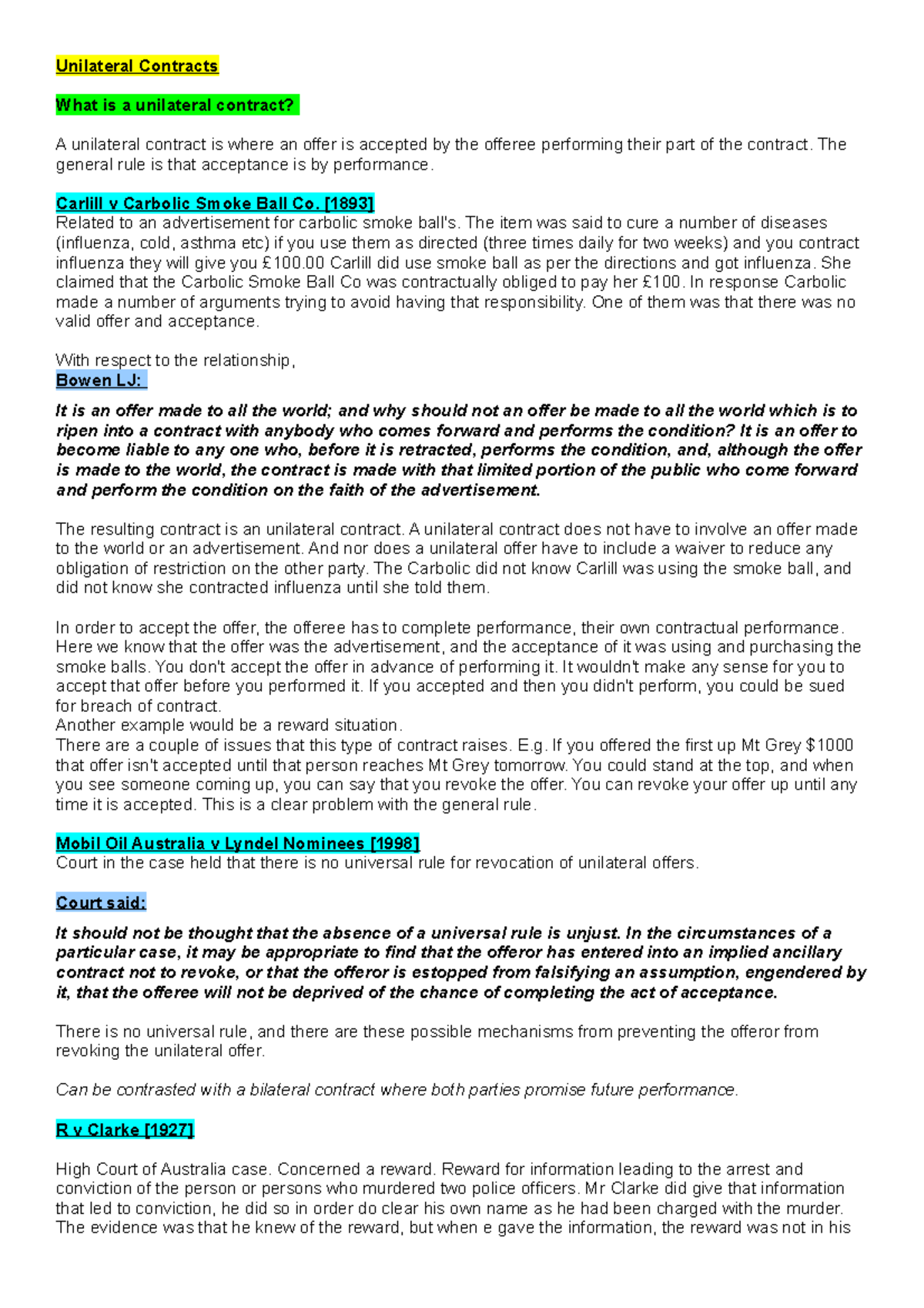 LAWS203: Lecture Nine Notes (ALL) - Unilateral Contracts What is a ...