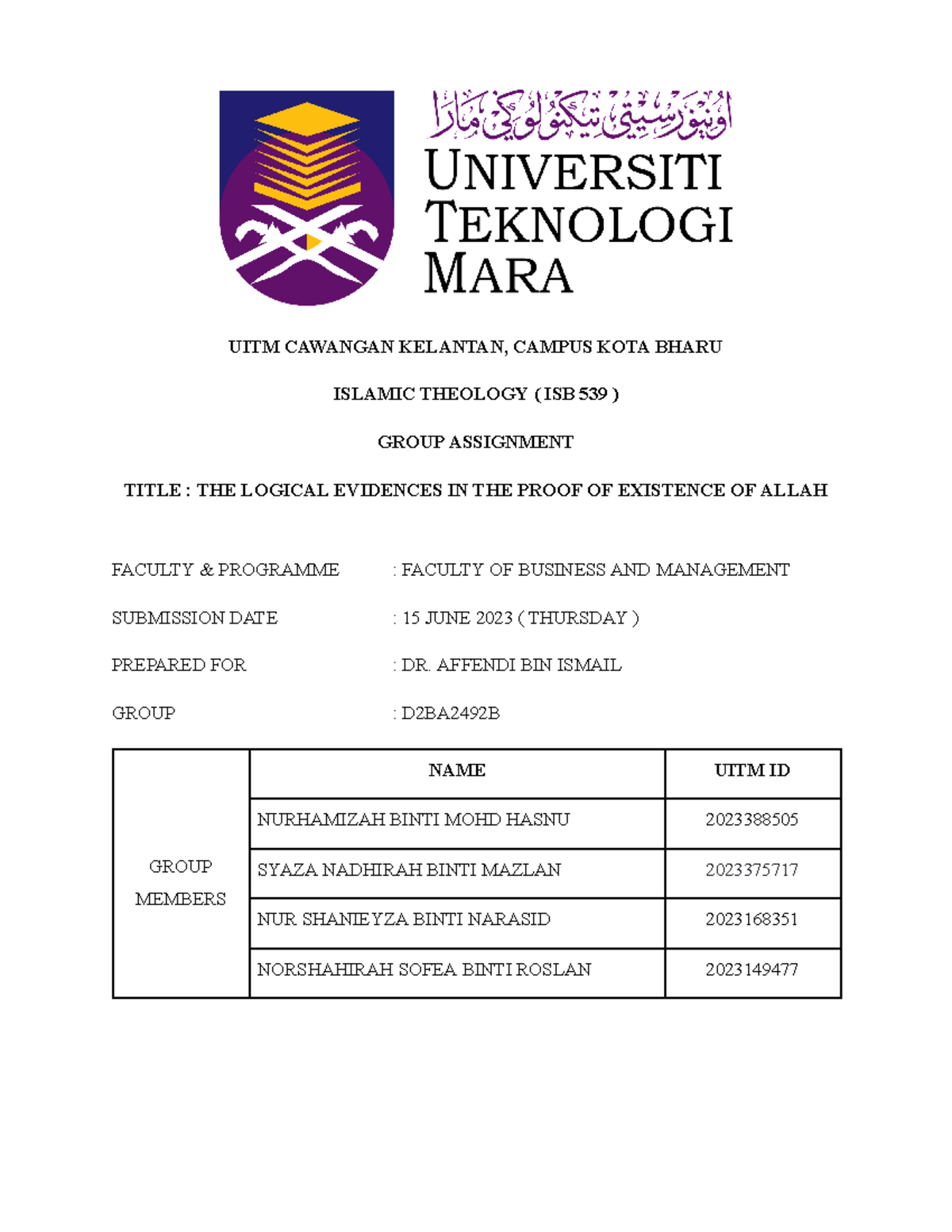 ISB 539 Group Assignment: Exploring Logical Evidence for Allah's ...