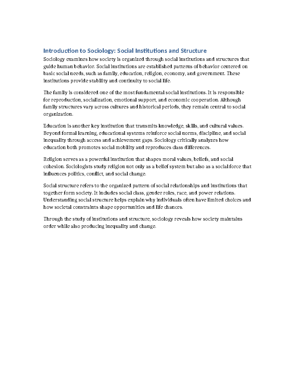 Sociology 101: Social Institutions & Structures Overview - Studocu