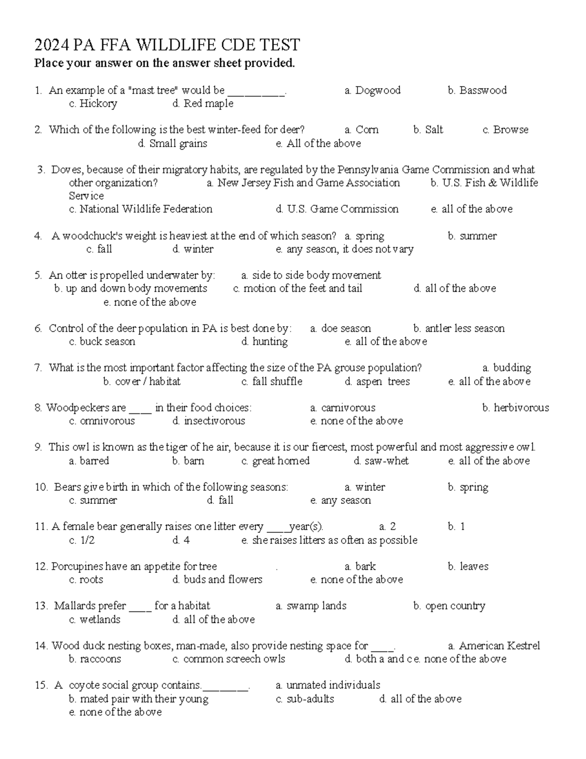 2024 PA FFA State Wildlife CDE Exam Questions and Answers - Studocu
