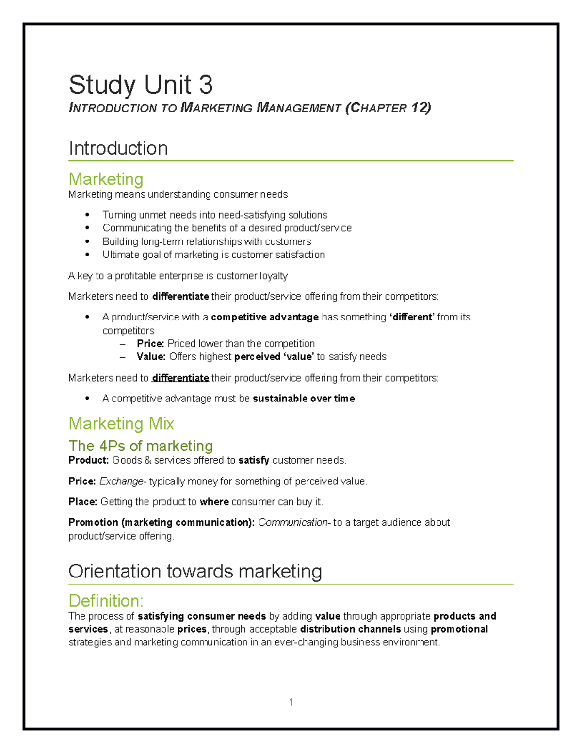 Study Unit 3 - Chapter 12: Introduction to Marketing Management ...
